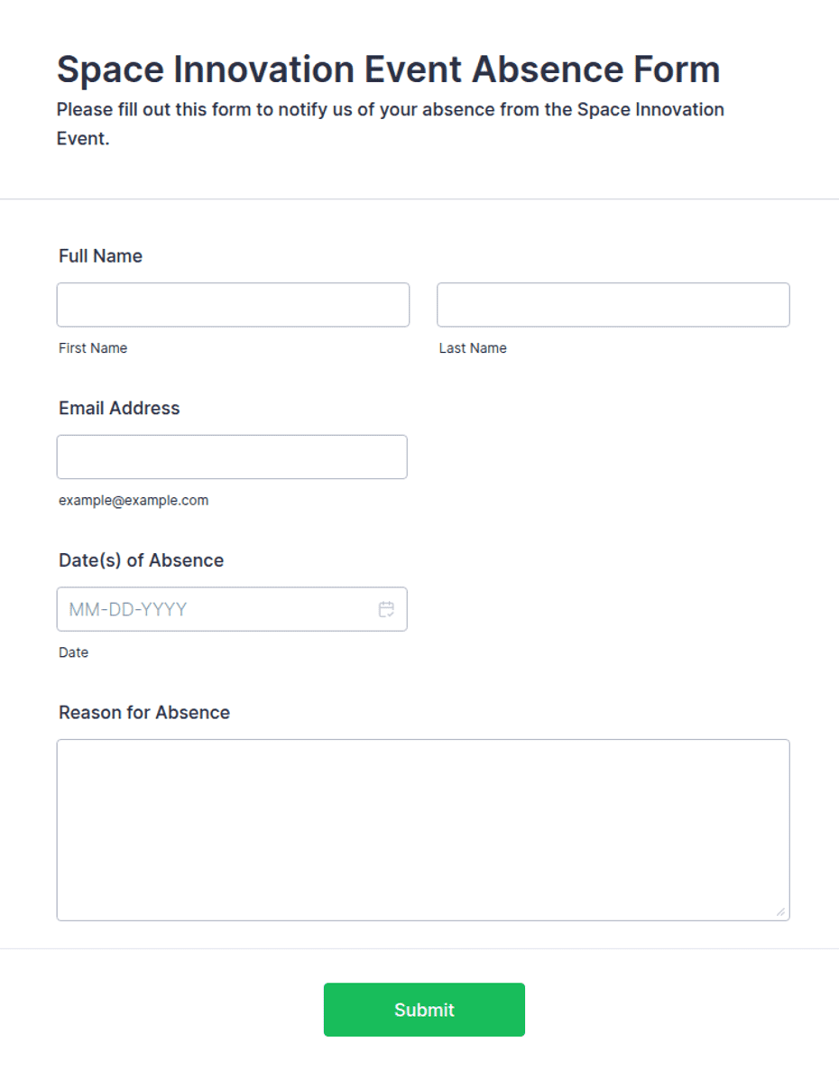 Space Innovation Event Absence Form Template | Jotform