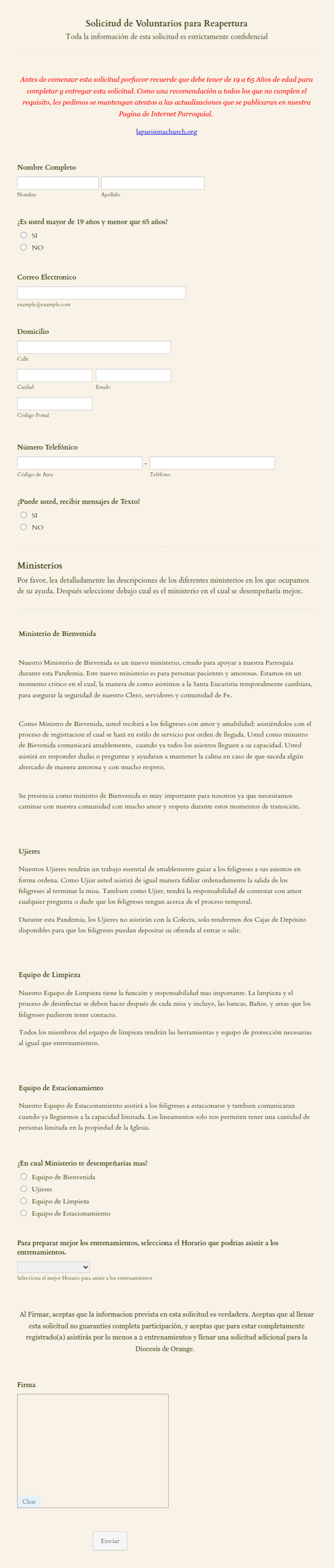 Spanish Church Volunteer Form (LP) Plantilla de formulario | Jotform