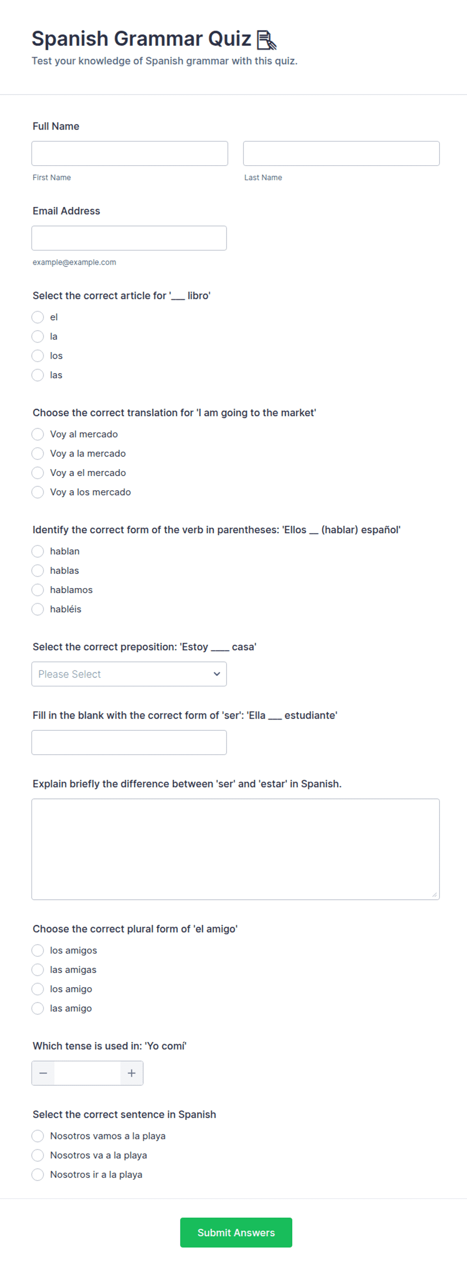 Spanish Grammar Quiz 📝 Form Template | Jotform