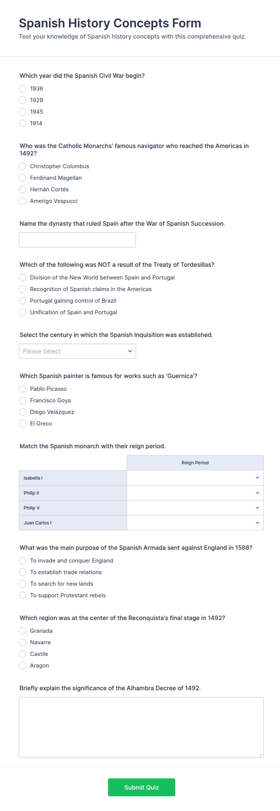 Spanish History Concepts Quiz Form Template | Jotform
