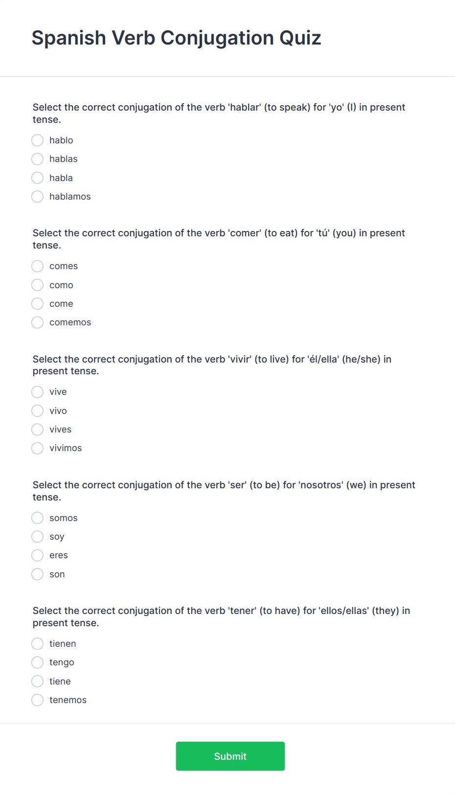 Spanish Verb Conjugation Quiz Form Template | Jotform