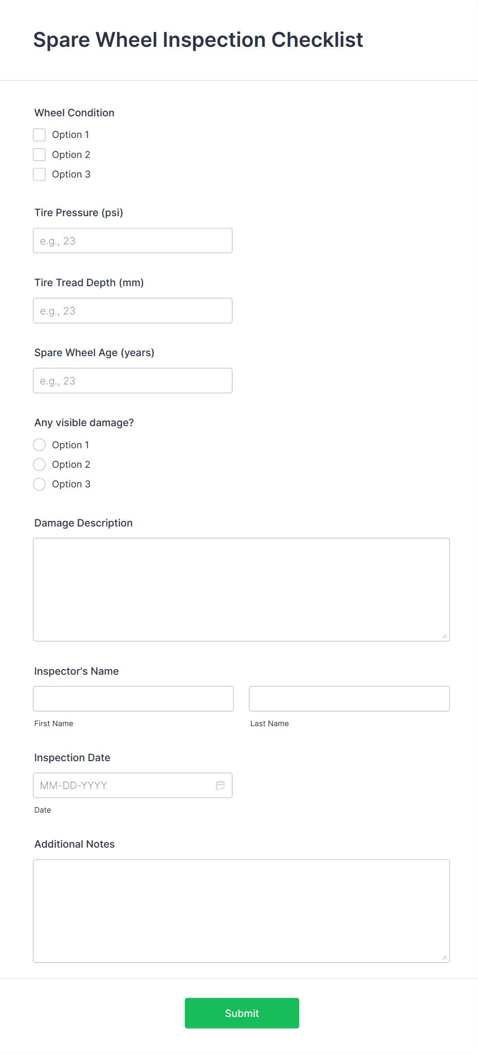 Spare Wheel Inspection Checklist Form Template | Jotform