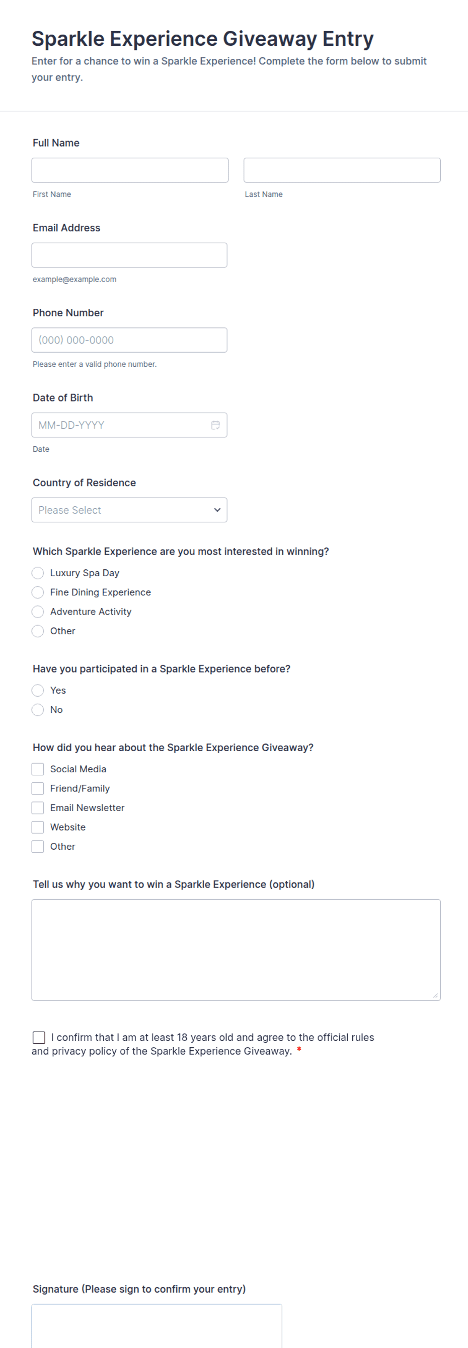 Sparkle Experience Giveaway Entry Form Template | Jotform