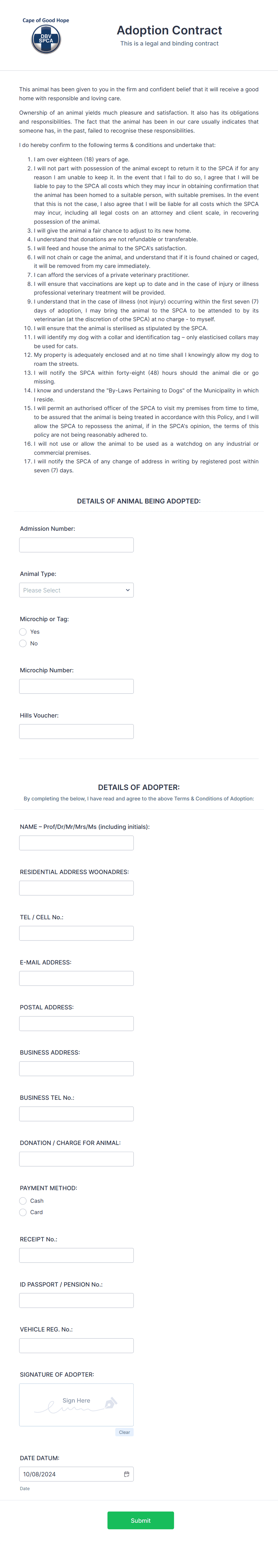 SPCA Adoption Contract Form Template | Jotform