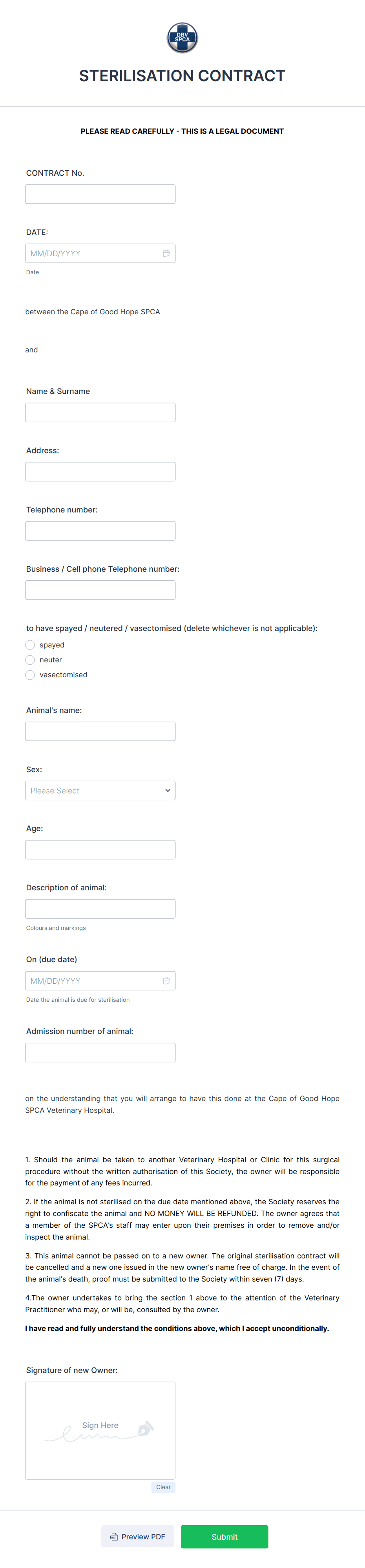 Spca Sterilisation Contract Form Template | Jotform