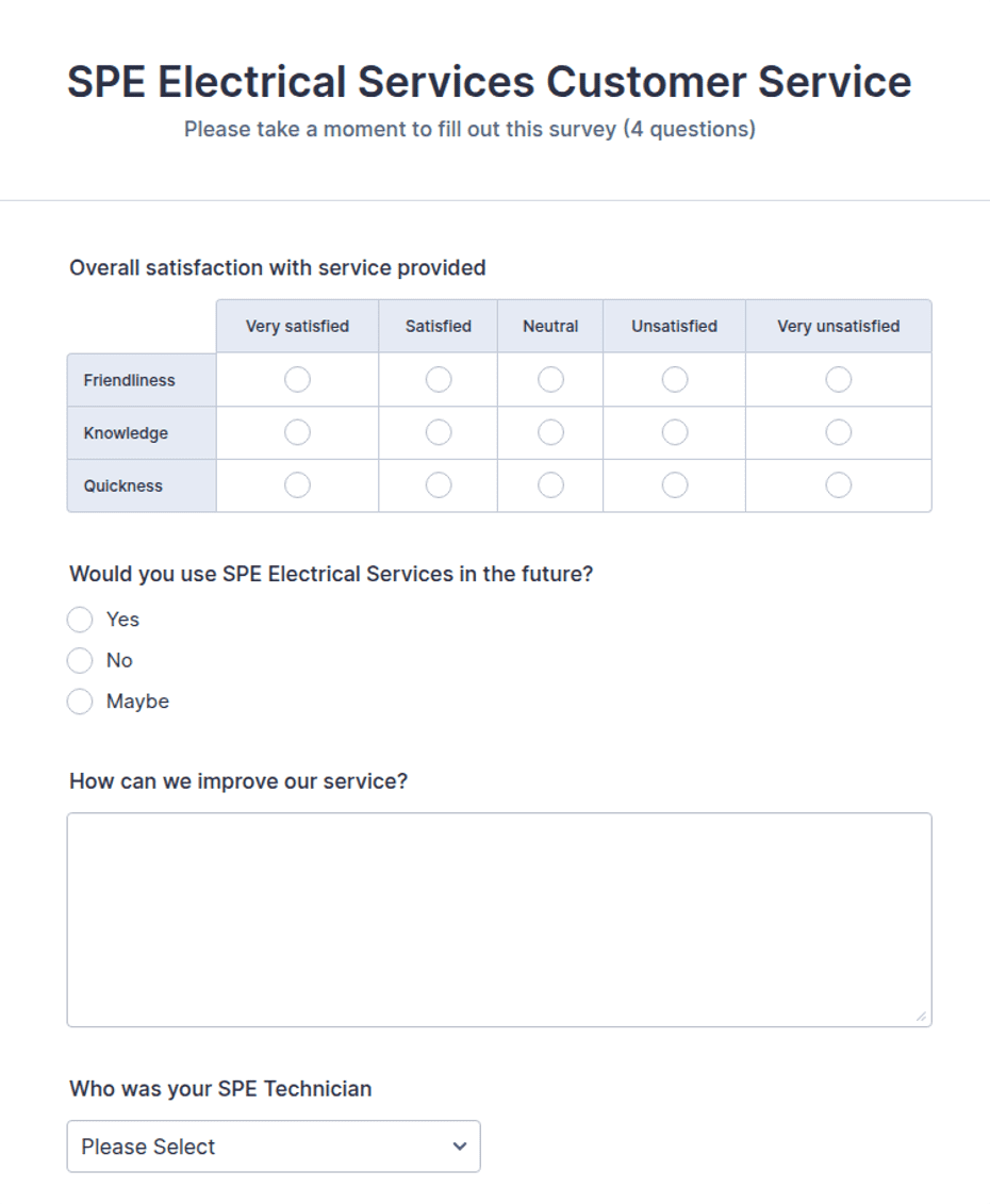 SPE Electrical Customer Satisfaction Survey Form Template | Jotform