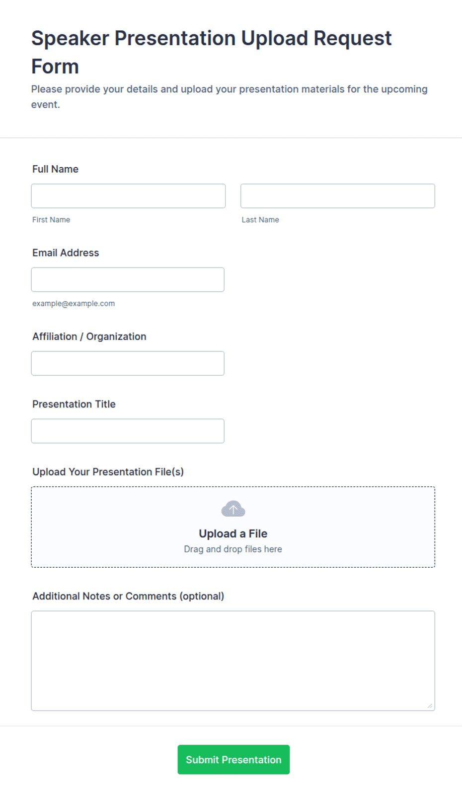 Speaker Presentation Upload Request Form Template | Jotform