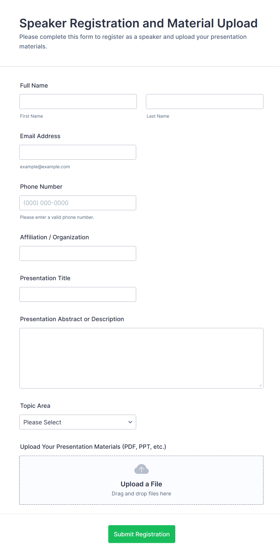 Speaker Registration and Material Upload Form Template | Jotform