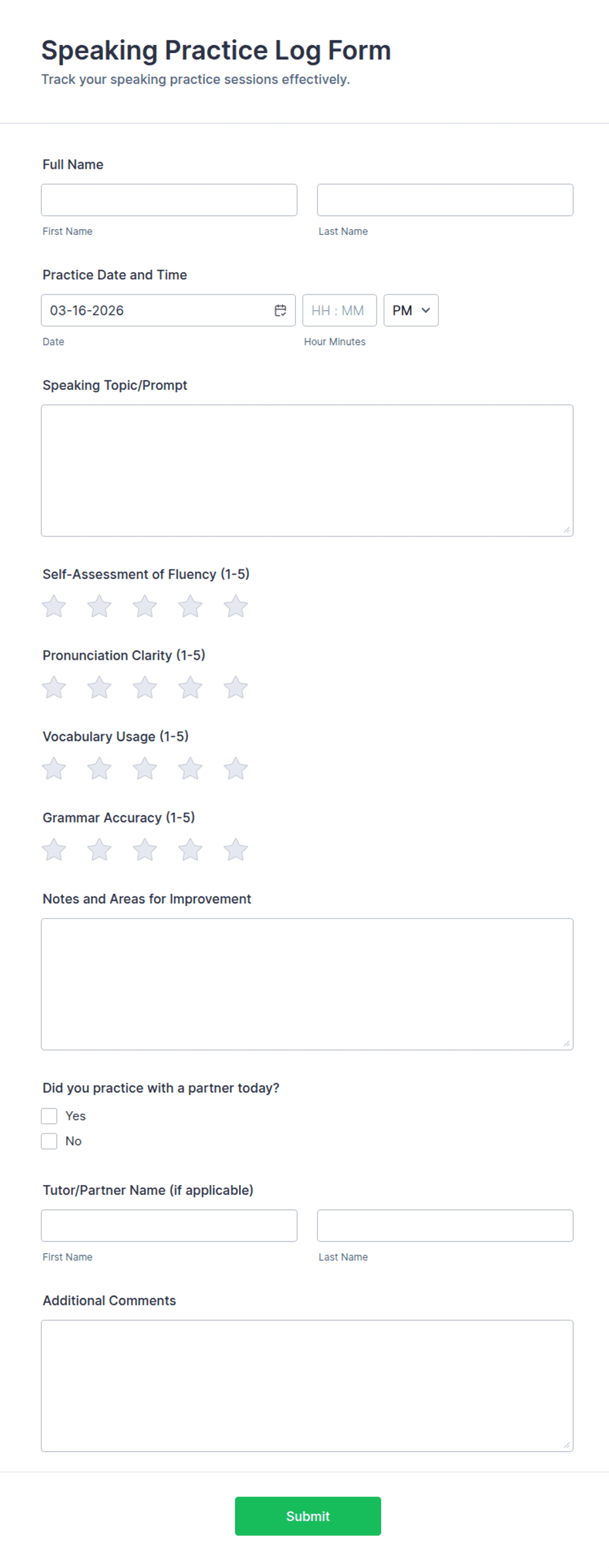 Speaking Practice Log Form Template | Jotform