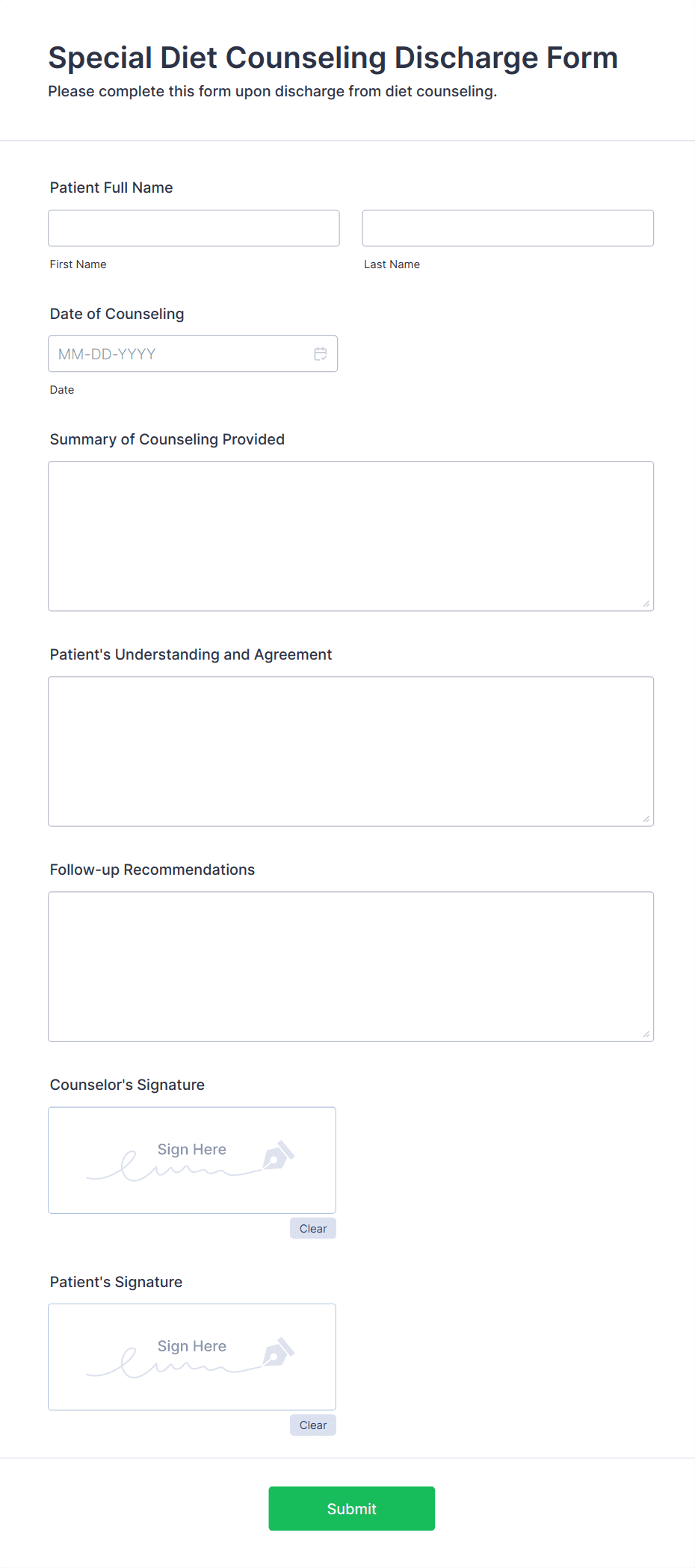 Special Diet Counseling Discharge Form Template | Jotform