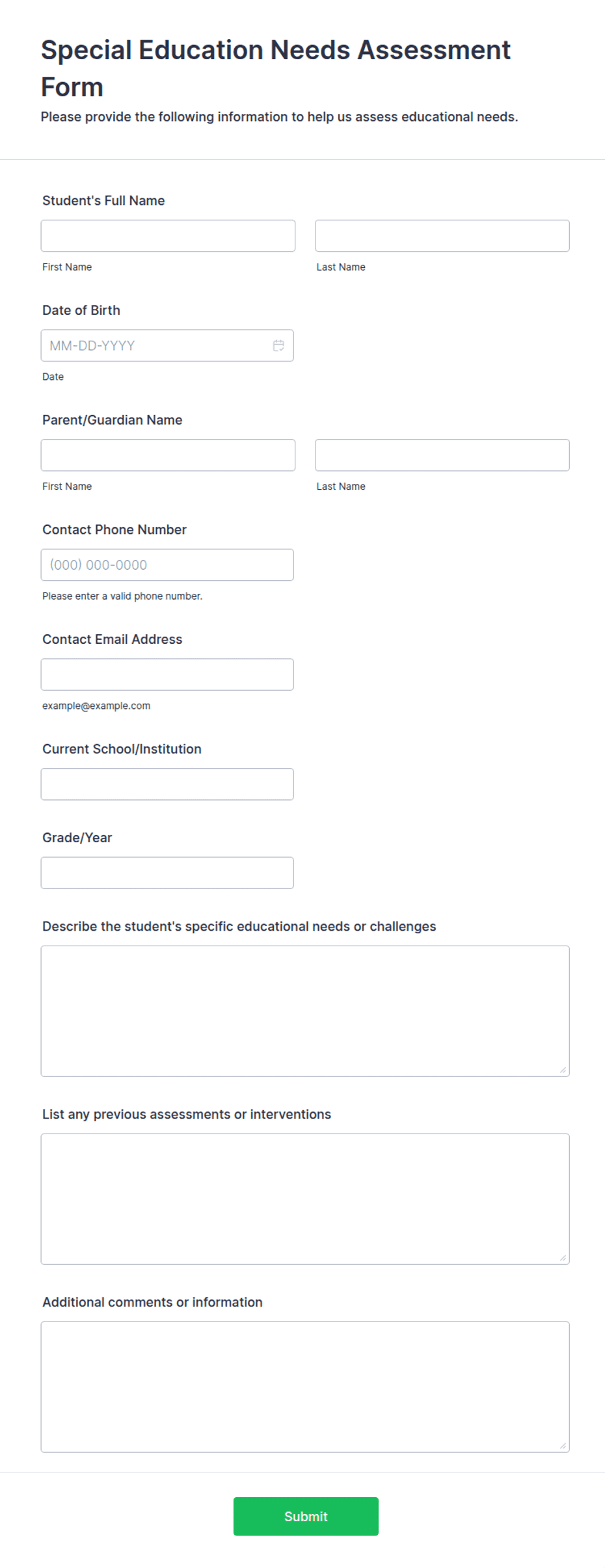 Special Education Needs Assessment Form Template | Jotform