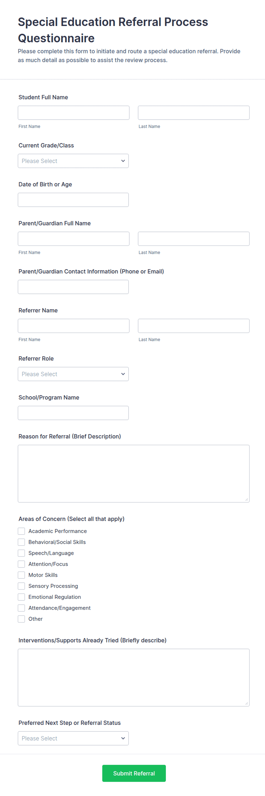 Special Education Referral Process Questionnaire Form Template | Jotform