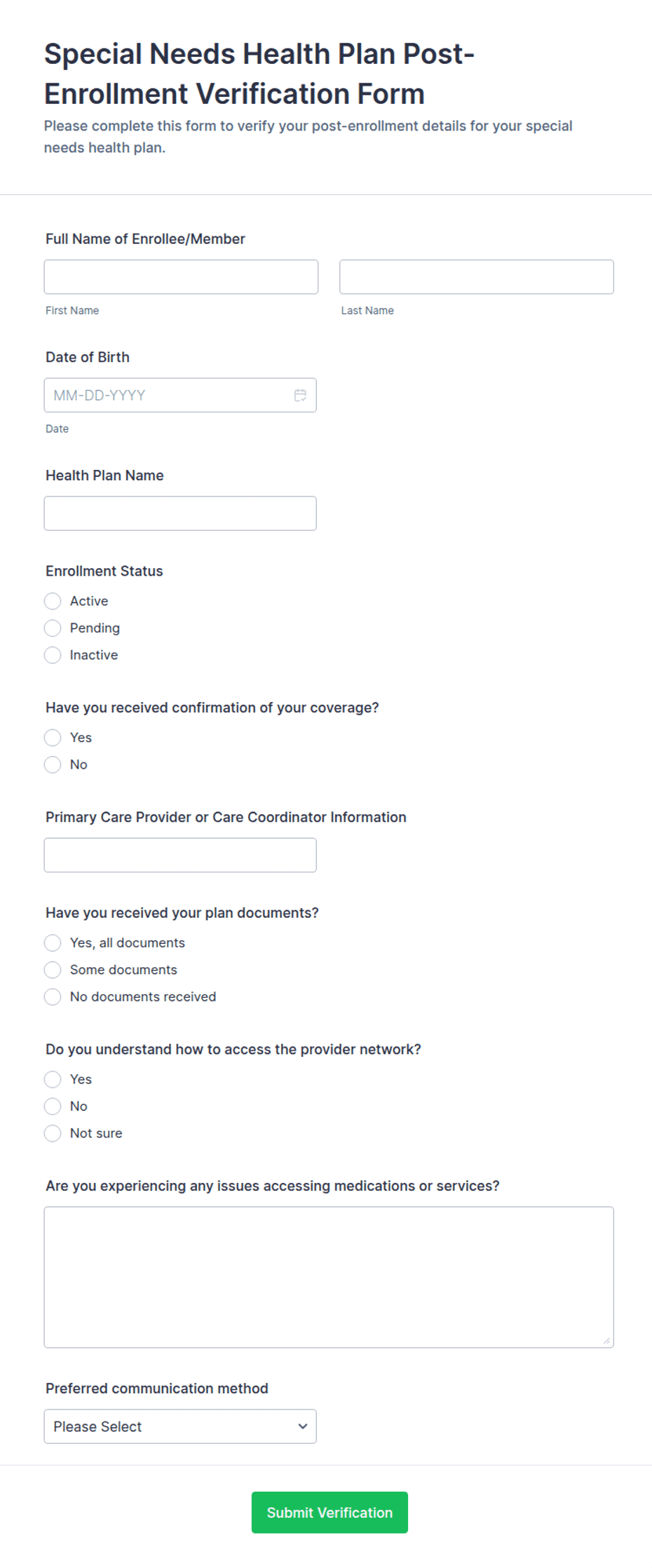 Special Needs Health Plan Post-Enrollment Verification Form Template ...