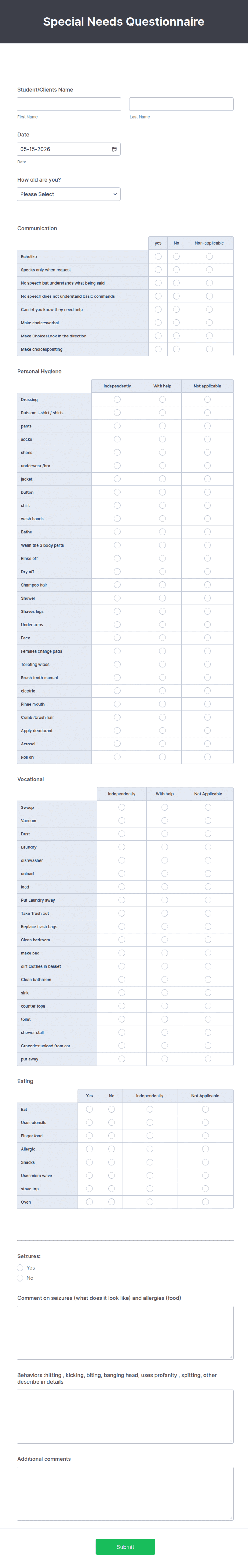 Special Needs Questionnaire Form Template | Jotform