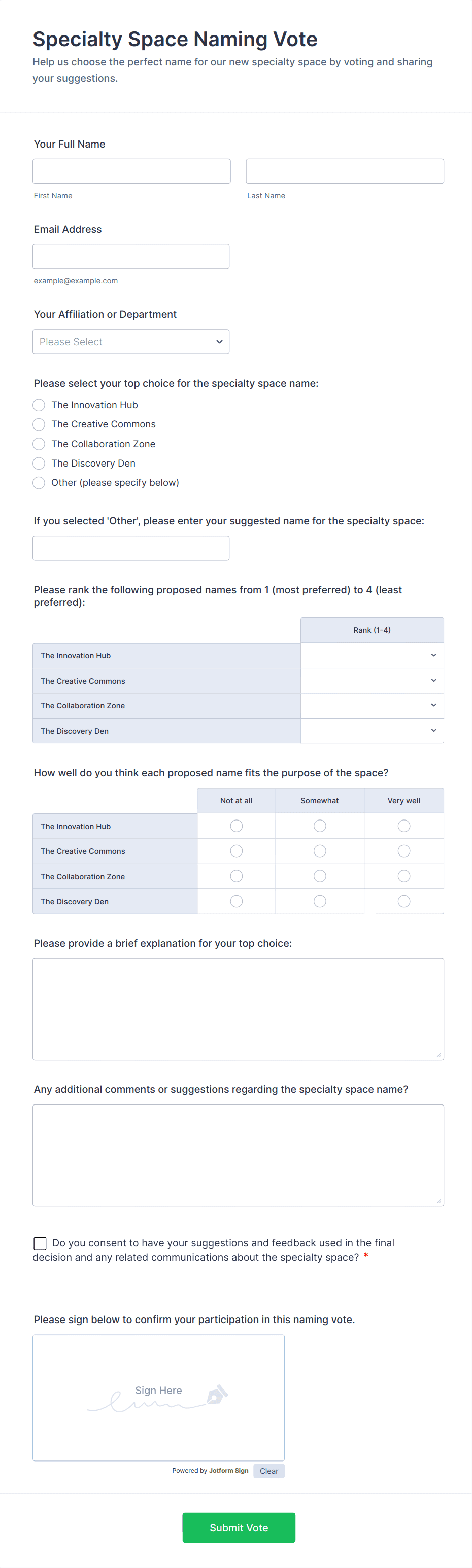 Specialty Space Naming Vote Form Template | Jotform