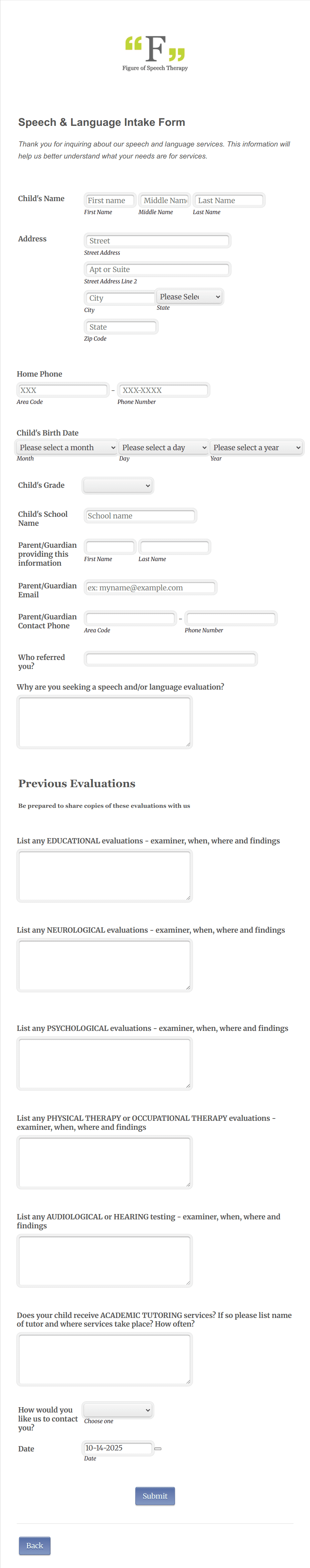 Speech Language Intake Form Template | Jotform
