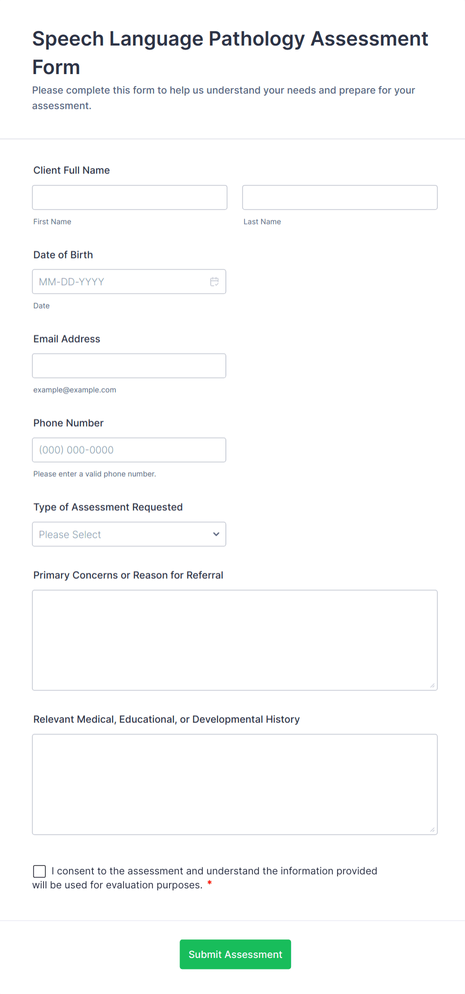 Speech Language Pathology Assessment Form Template | Jotform
