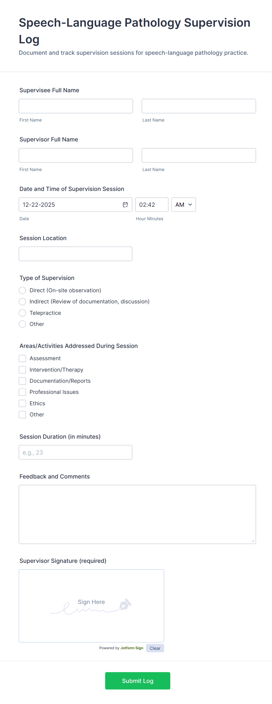 Speech-Language Pathology Supervision Log Form Template | Jotform