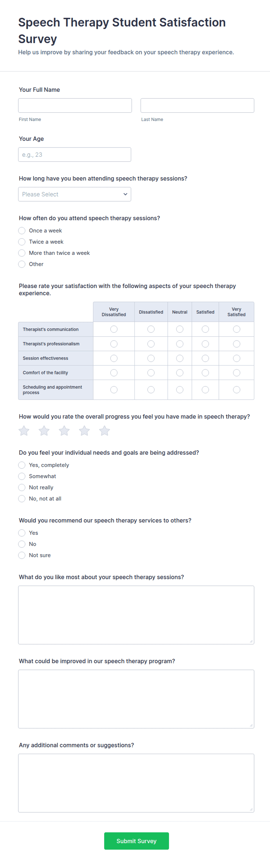 Speech Therapy Student Satisfaction Survey Form Template | Jotform