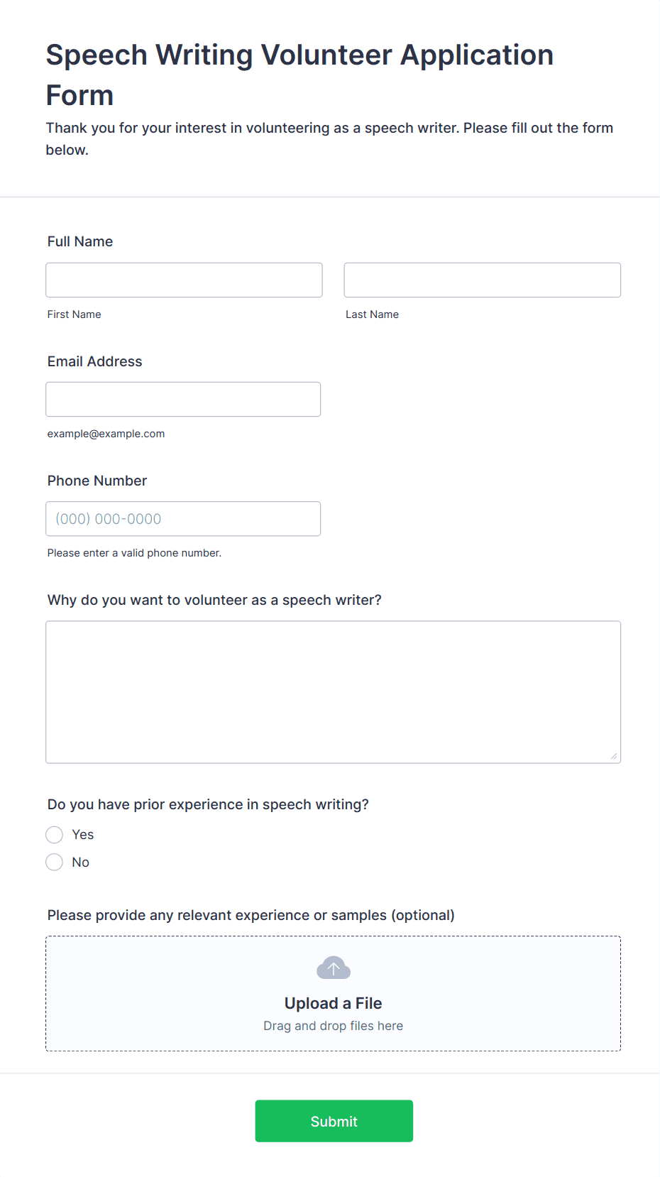 Speech Writing Volunteer Application Form Template | Jotform