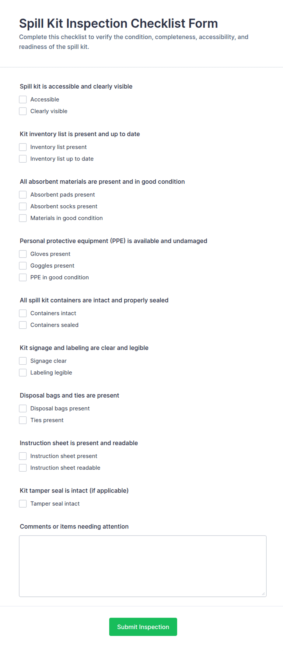 Spill Kit Inspection Checklist Form Template | Jotform