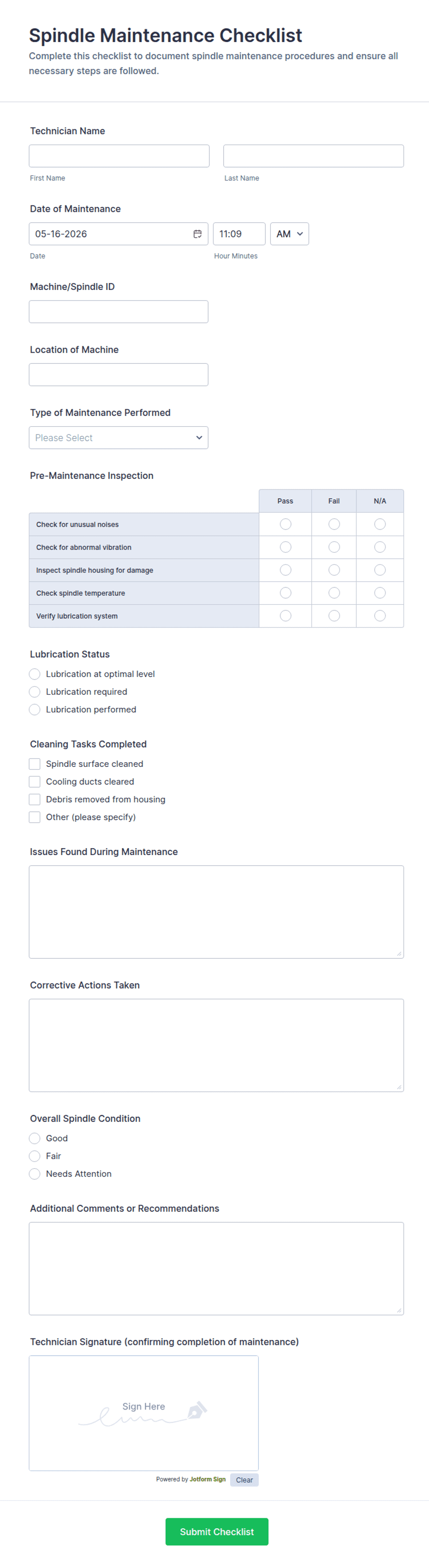 Spindle Maintenance Checklist Form Template | Jotform