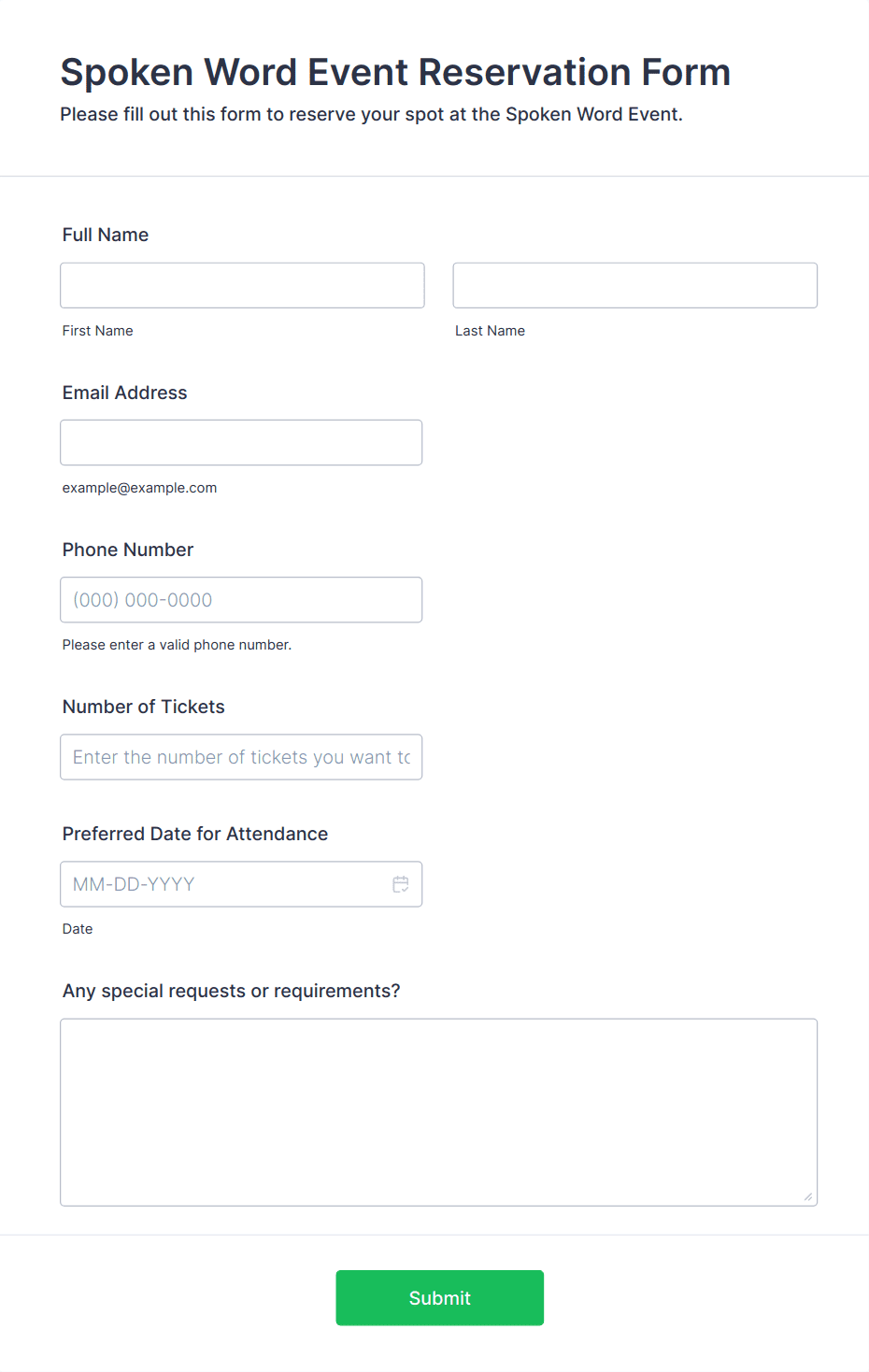 Spoken Word Event Reservation Form Template | Jotform