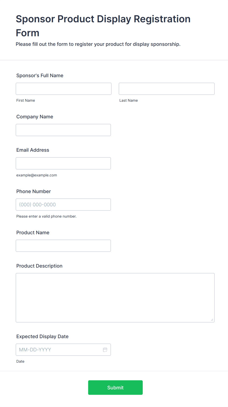 Sponsor Product Display Registration Form Template | Jotform