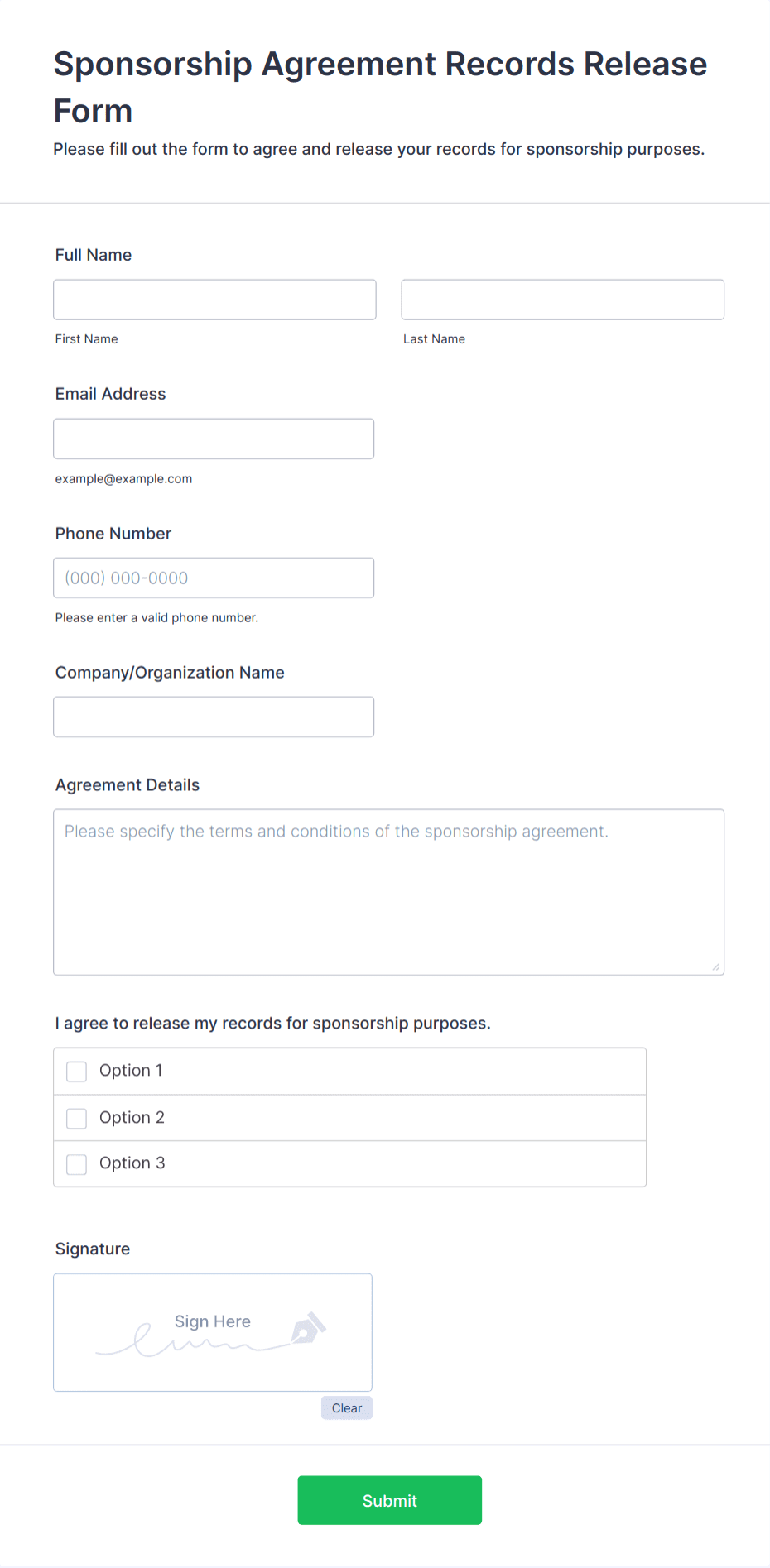 Sponsorship Agreement Records Release Form Template | Jotform