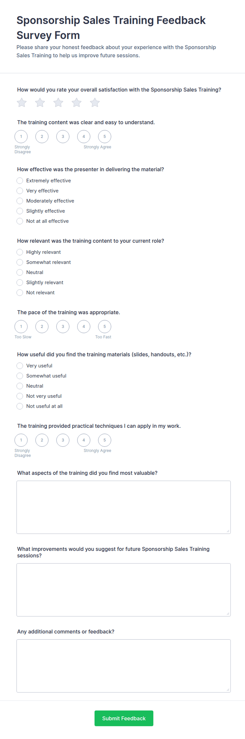 Sponsorship Sales Training Feedback Survey Form Template | Jotform