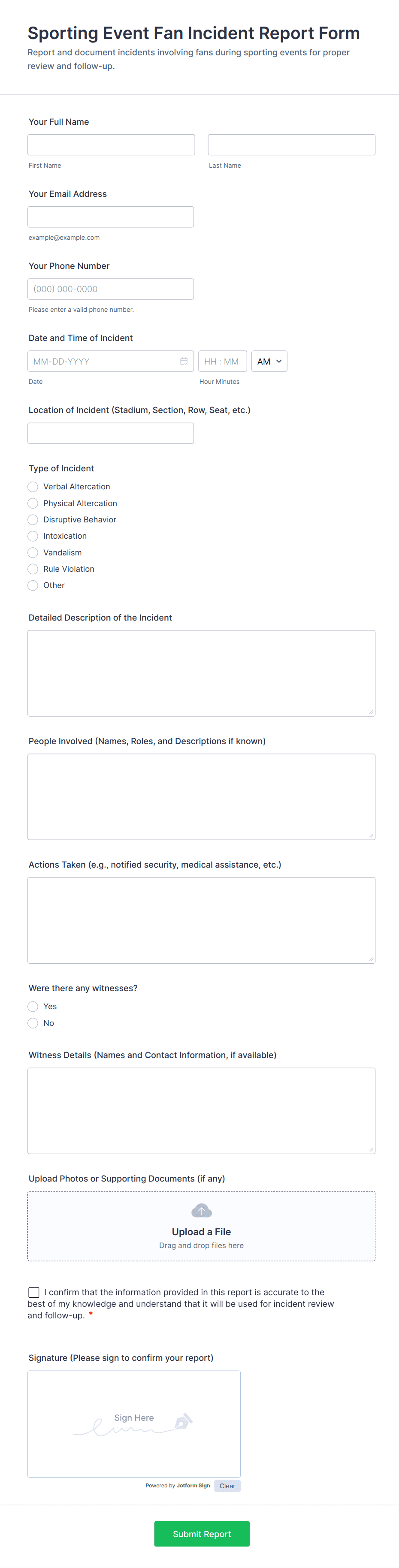 Sporting Event Fan Incident Report Form Form Template | Jotform