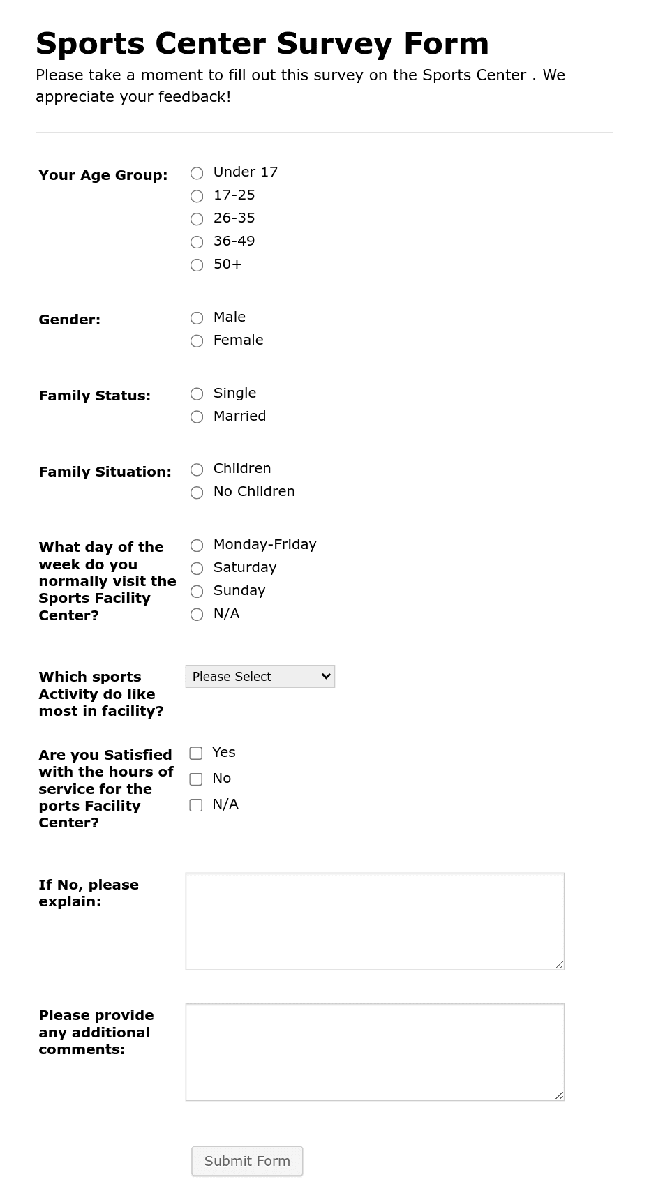 Sports Center Survey Form Template | Jotform