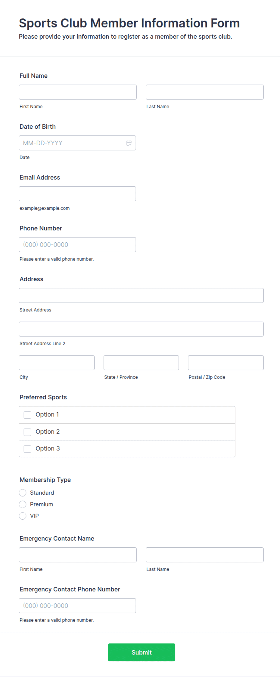 Sports Club Member Information Form Template | Jotform
