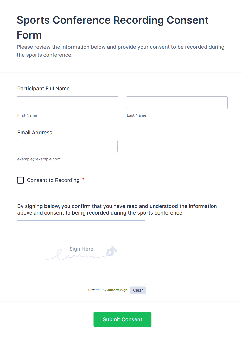 Sports Conference Recording Consent Form Template | Jotform