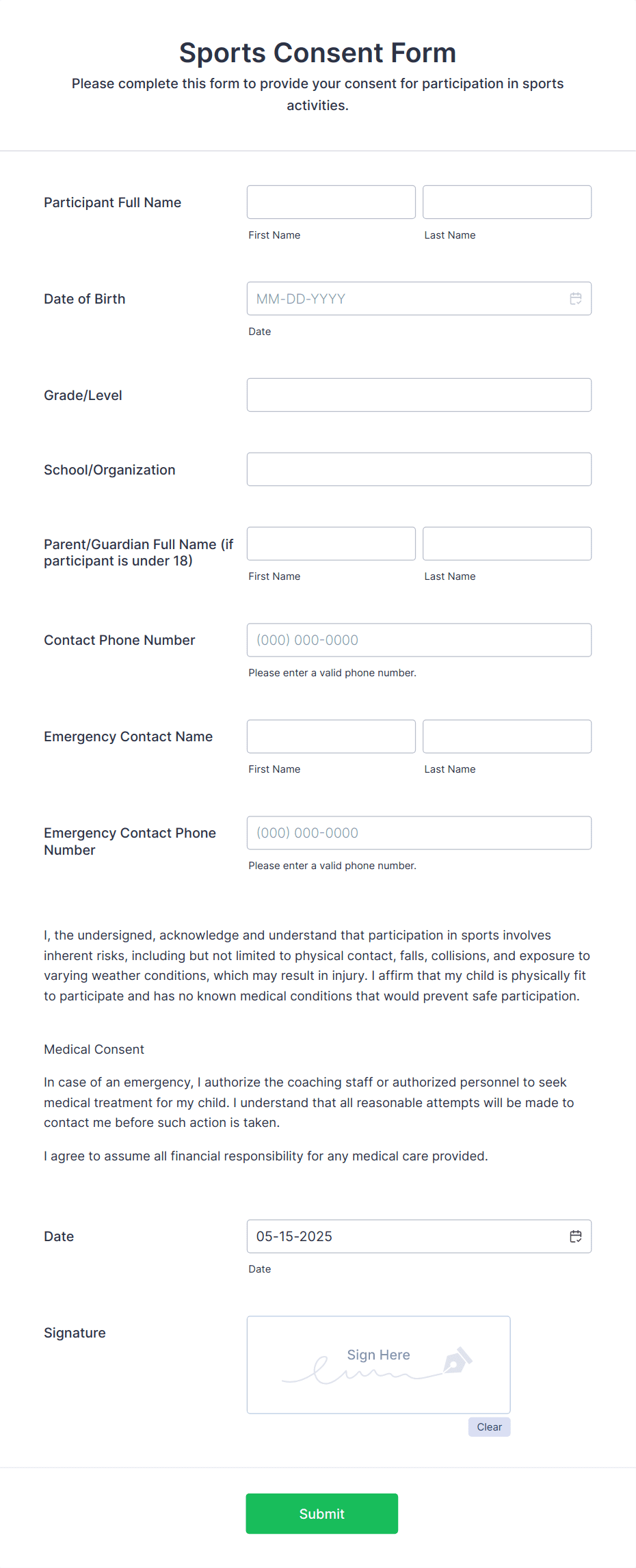 Sports Consent Form Template | Jotform