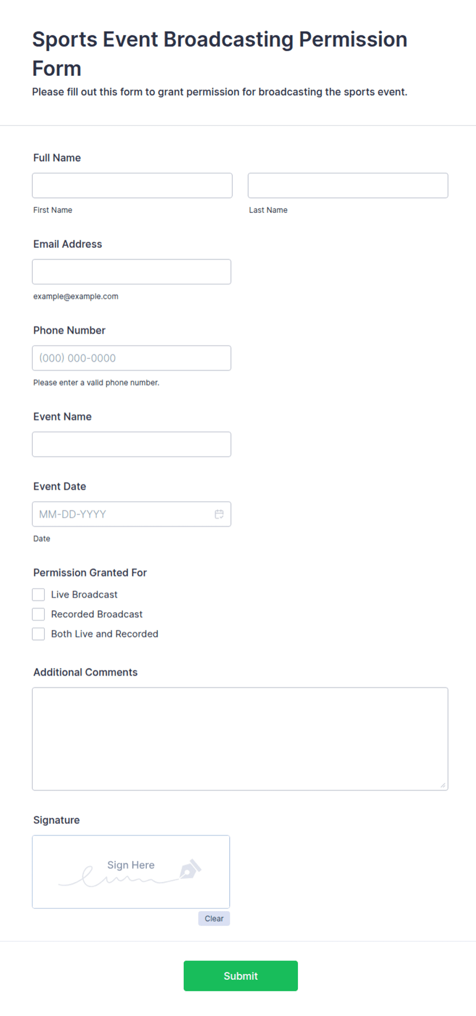 Sports Event Broadcasting Permission Form Template | Jotform