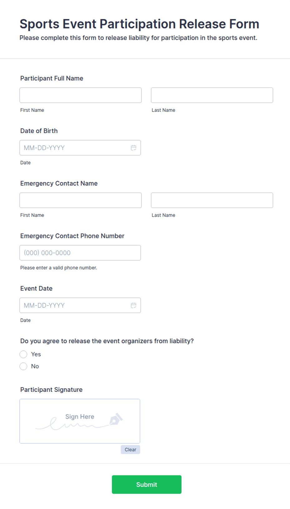 Sports Event Participation Release Form Template | Jotform