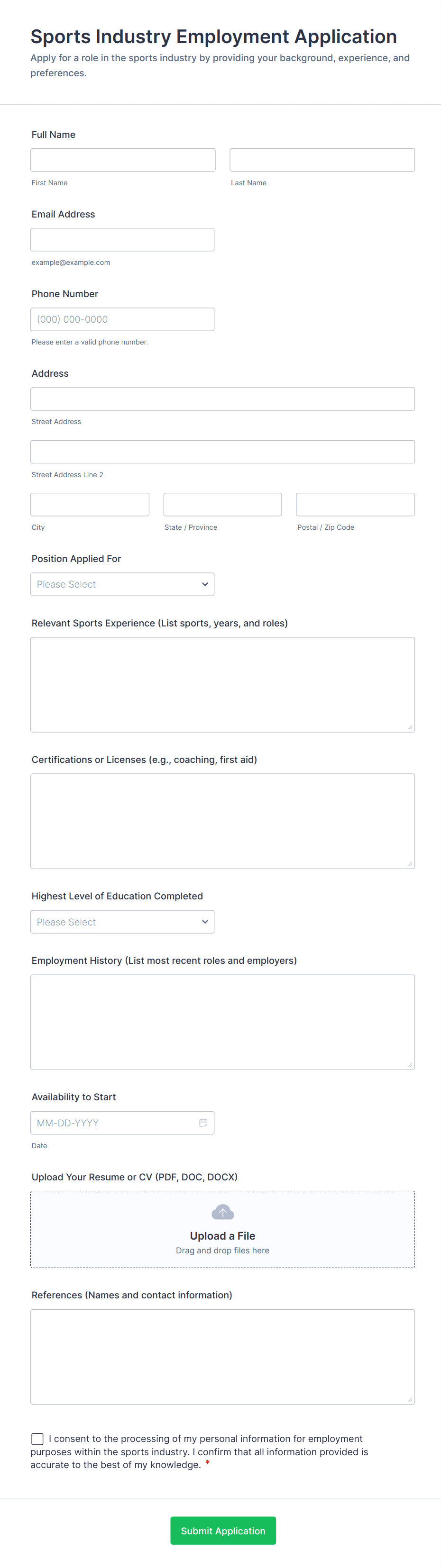 Sports Industry Employment Application Form Template | Jotform