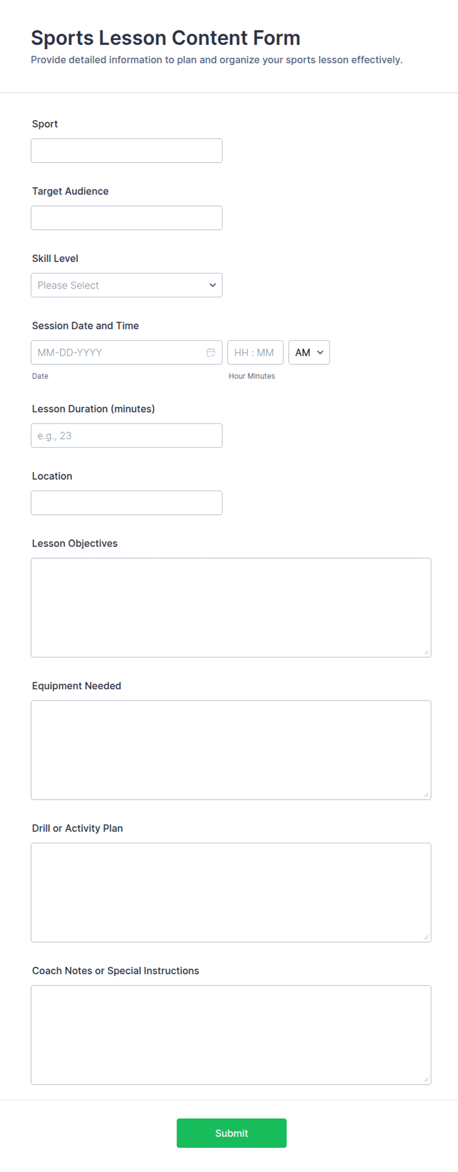 Sports Lesson Content Form Template | Jotform