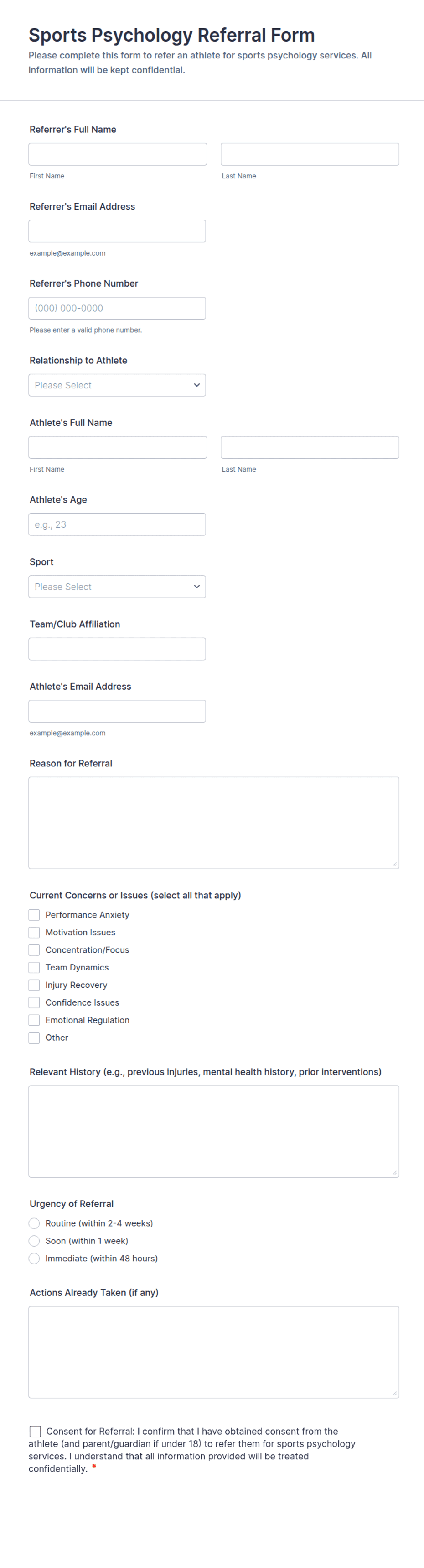 Sports Psychology Referral Form Template | Jotform