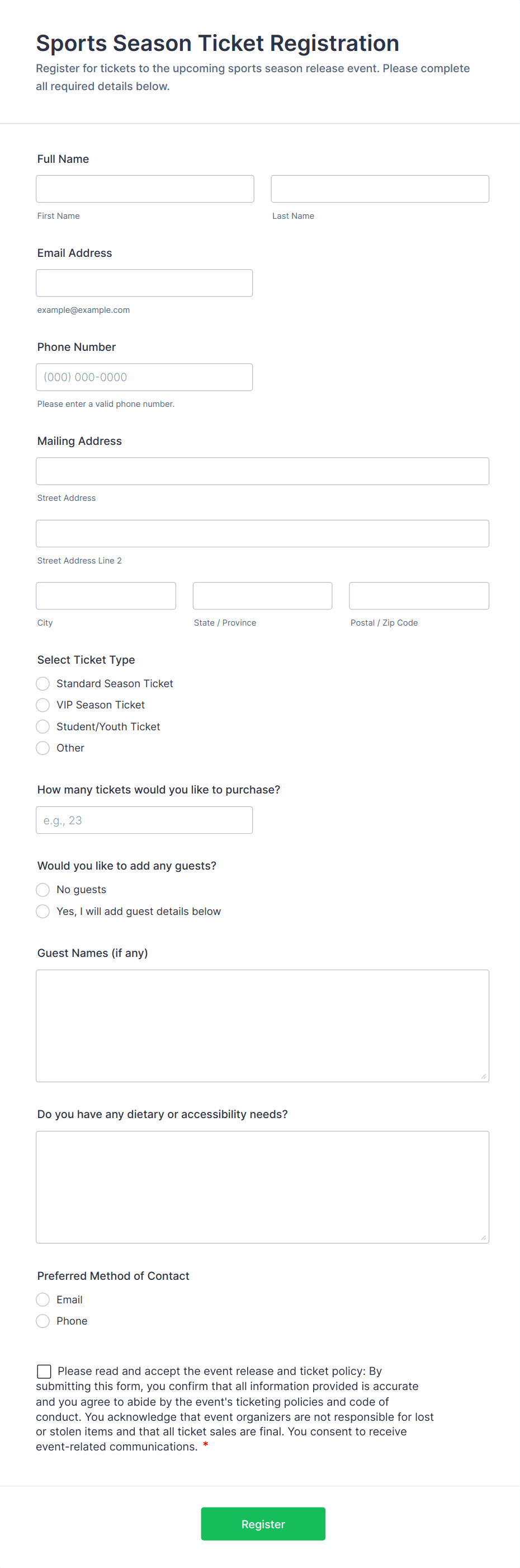 Sports Season Ticket Registration Form Template | Jotform