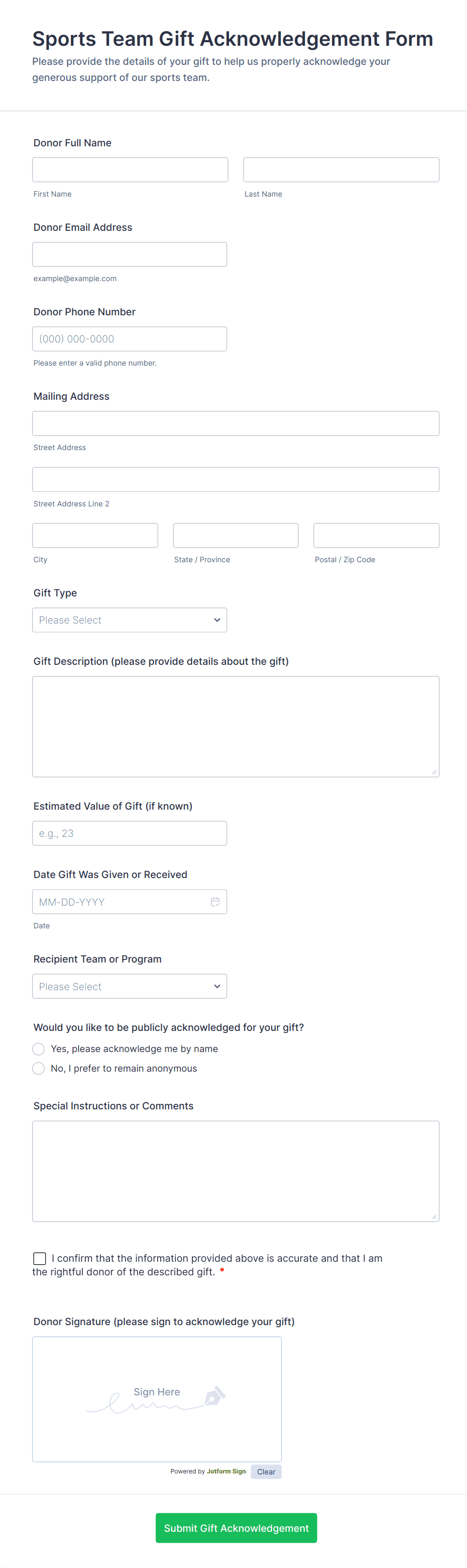 Sports Team Gift Acknowledgement Form Template | Jotform