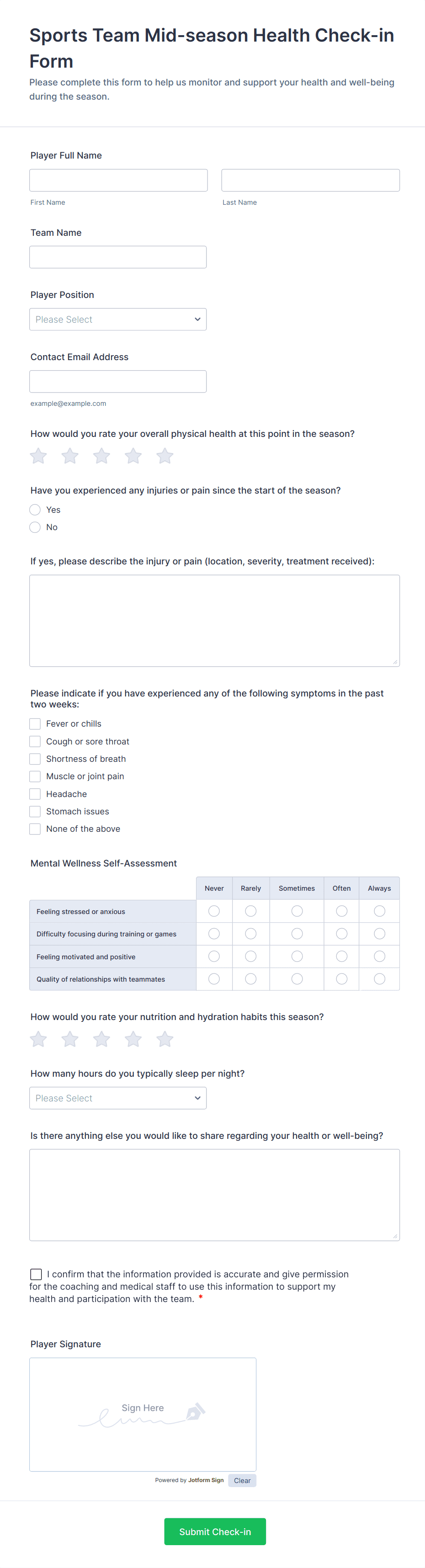 Sports Team Mid-season Health Check-in Form Form Template | Jotform