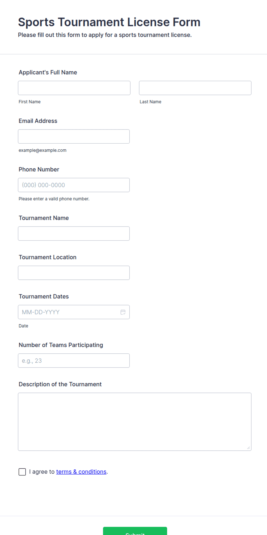 Sports Tournament License Form Template | Jotform