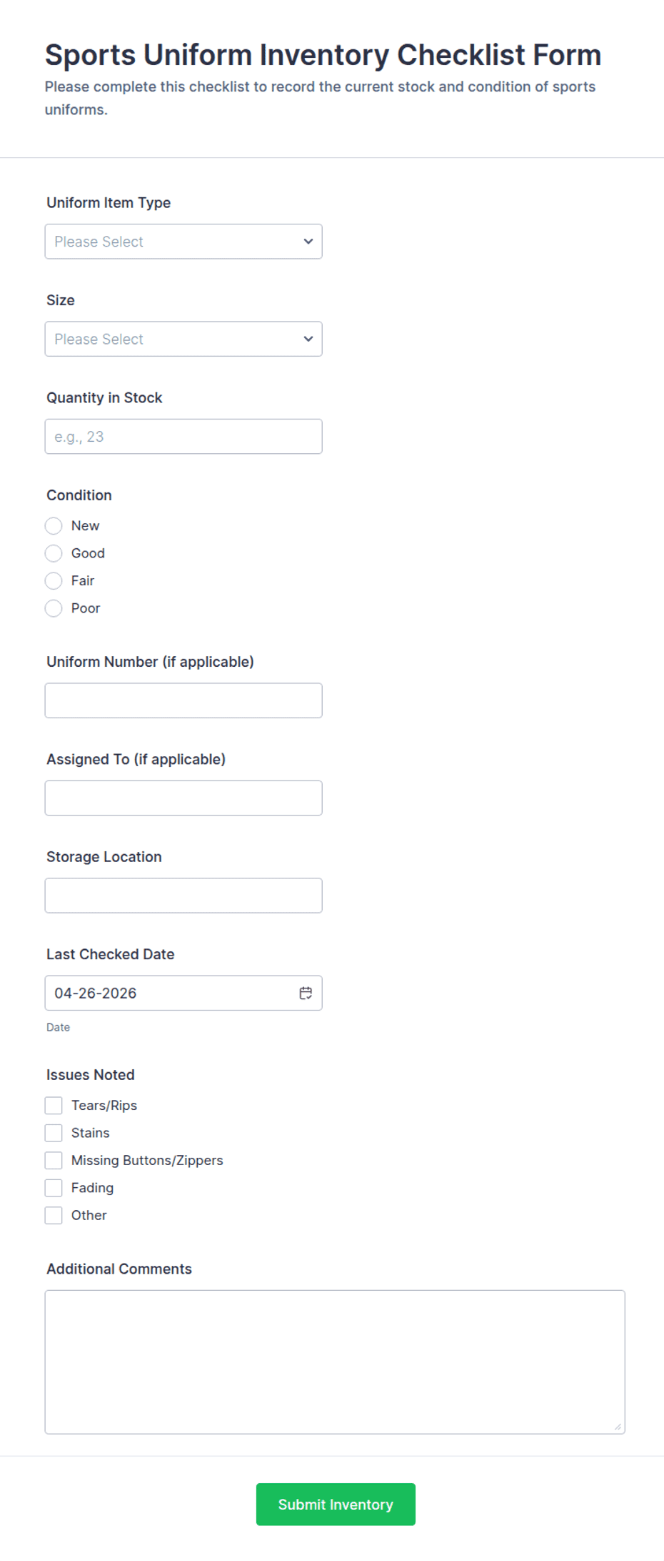 Sports Uniform Inventory Checklist Form Template | Jotform