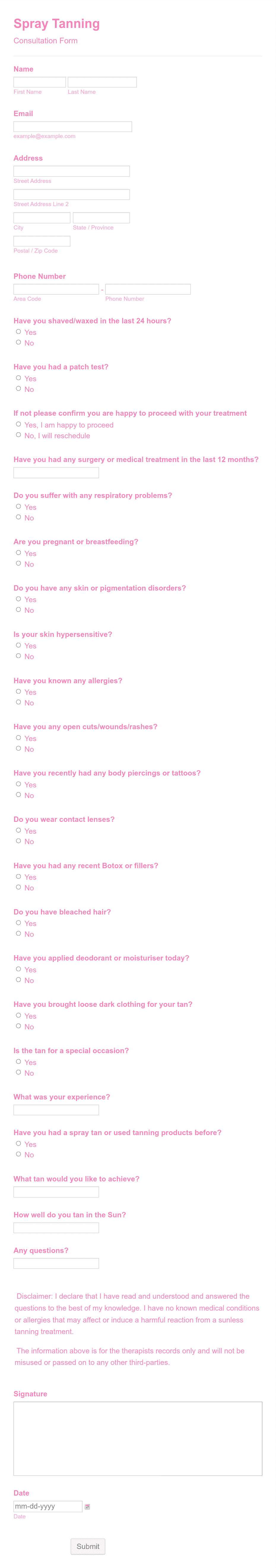 Spray Tanning Intake Form Template | Jotform
