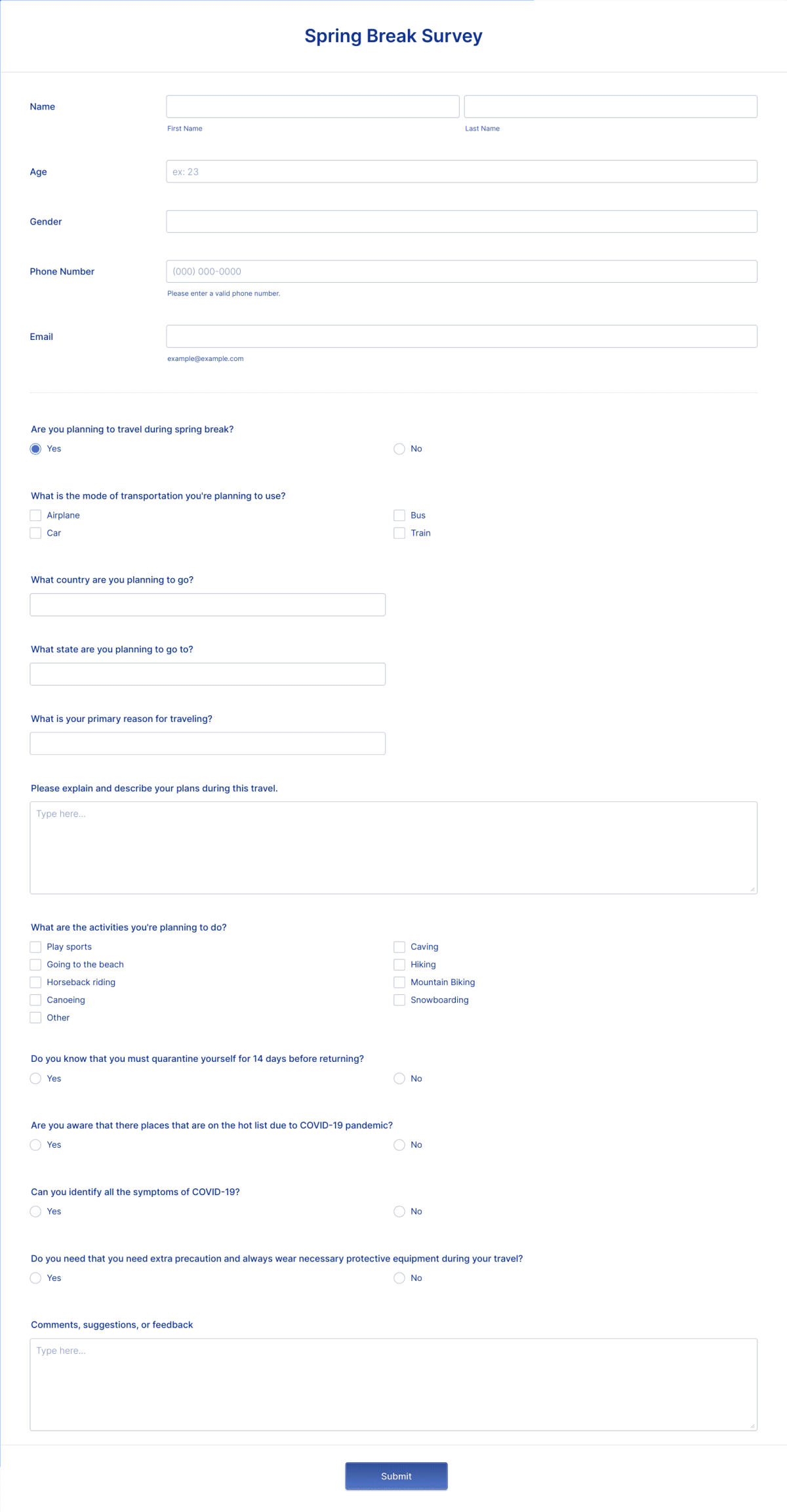 Spring Break Survey Form Template | Jotform