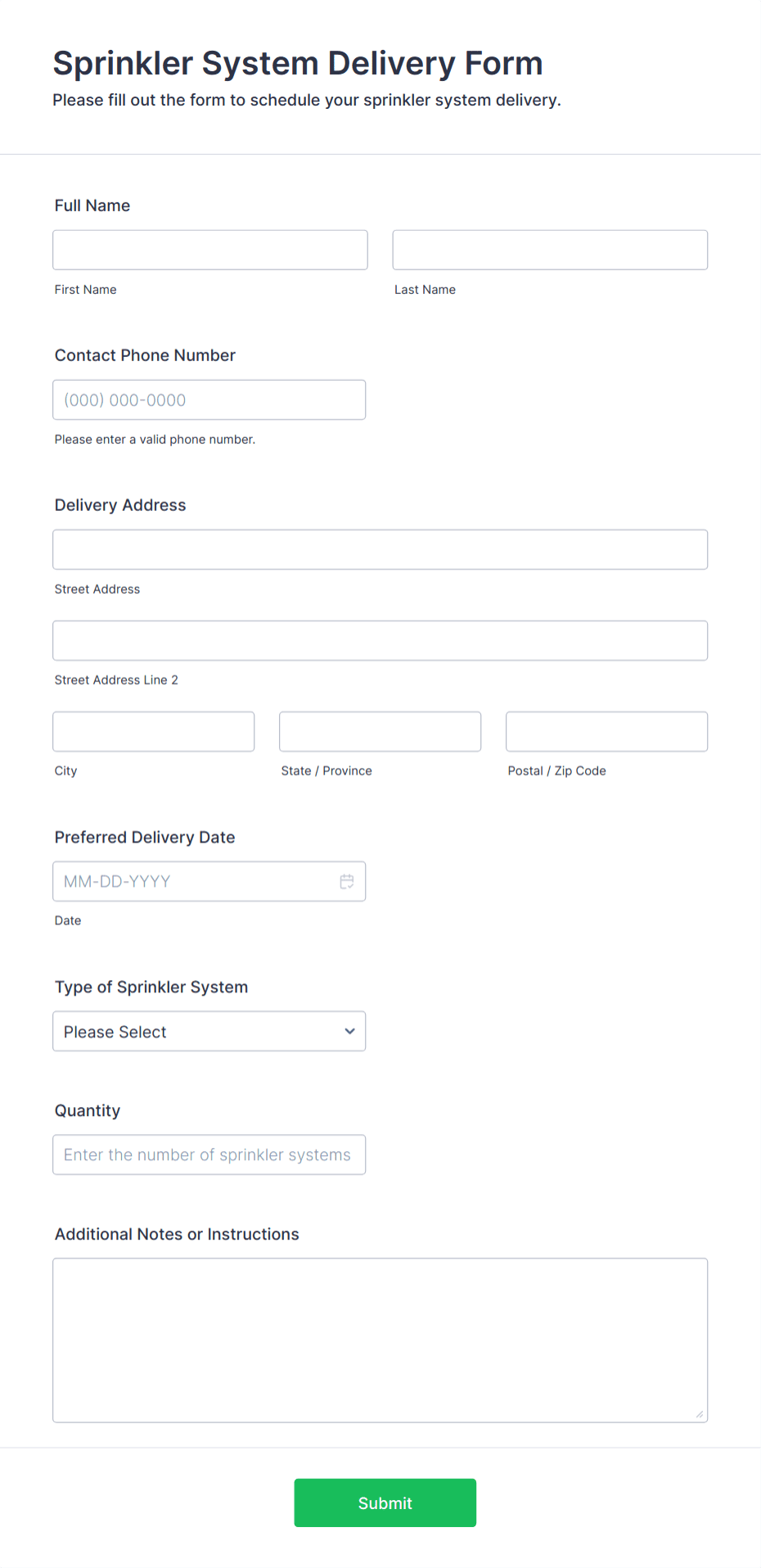 Sprinkler System Delivery Form Template | Jotform
