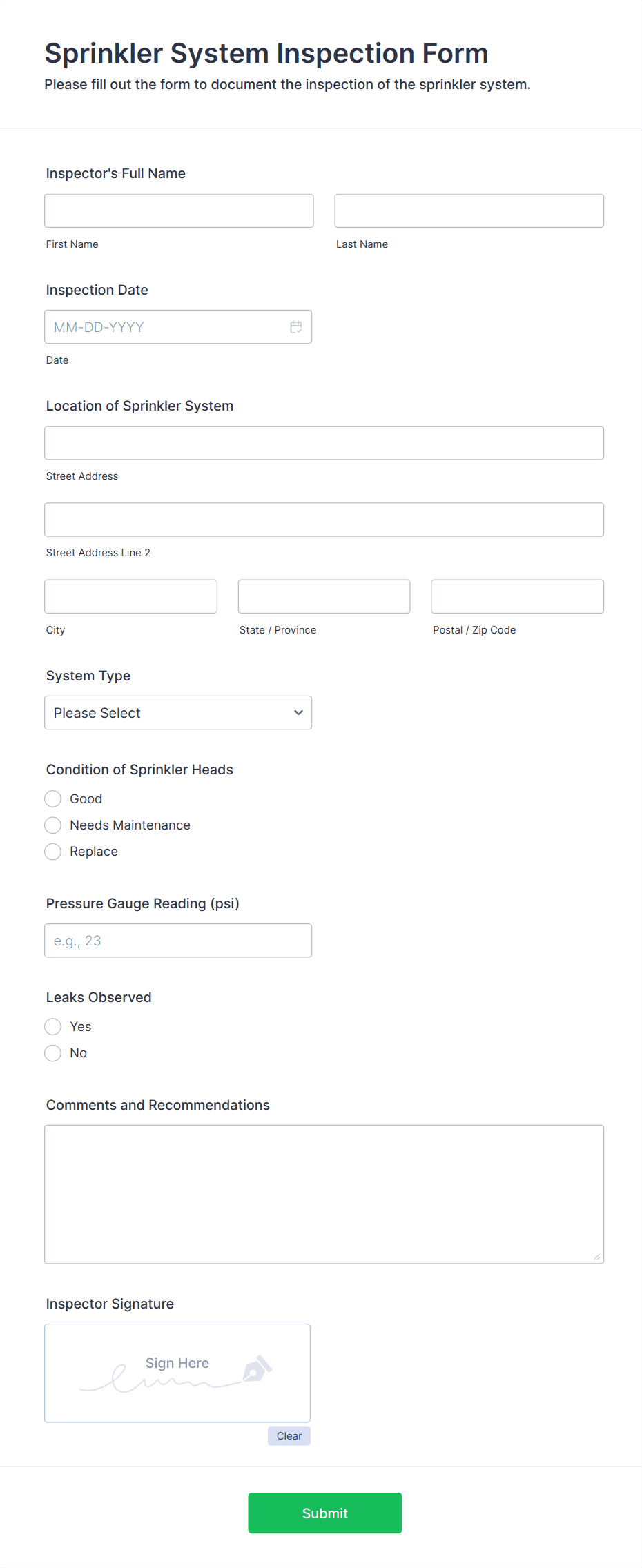 Sprinkler System Inspection Form Template | Jotform