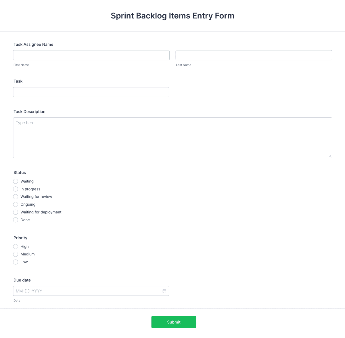Sprint Backlog Items Entry Form Template | Jotform